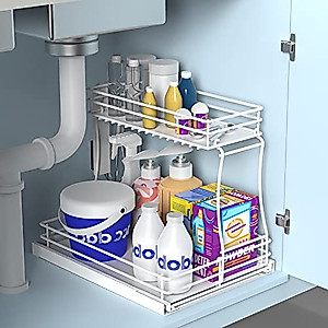 TOOYIMR under sink organizers and storage，2 Tier Pull Out cabinet Organizer with sliding storage drawer，Multi-purpose Bathroom organizer under sink shelf rack for kitchen/bathroom/office(White)