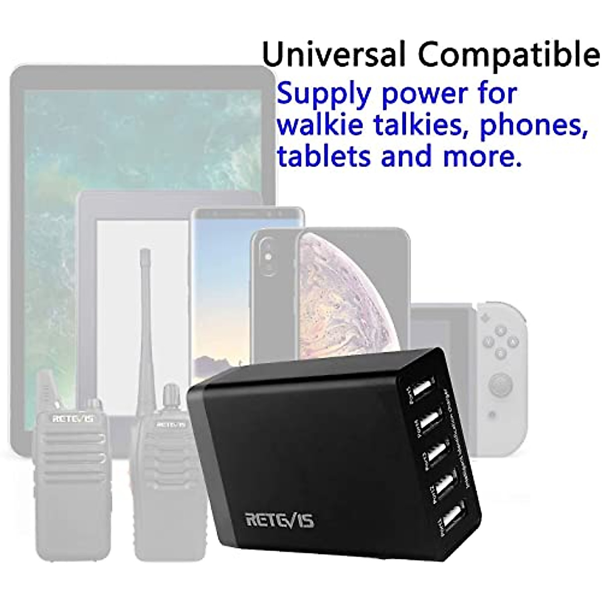 Retevis 5-Port USB Wall Charger Radio Charging Station Compatible with RT68 RB28 RT19 RT22P NR10 RT18 RT22S H777 RB89 RT86 RT45P RB29 Baofeng Cobra HYT Walkie Talkies and iPhone (1 Pack)