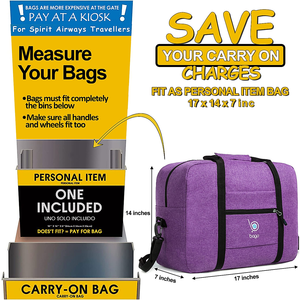 Bago Personal Item Travel Bag For Airlines - Fits As 18x14x8 inches Travel Bag Spirit & Frontier Airlines - Foldable Duffle Bag For Travel - Personal Item Bag Small Carry On Bag For Air Travel