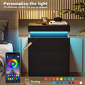 ADORNEVE Nightstand with Charging Station and LED Lights,Night Stand with Sliding Top,Bedside Table with Drawers,Modern End Side Table for Bedroom,Black