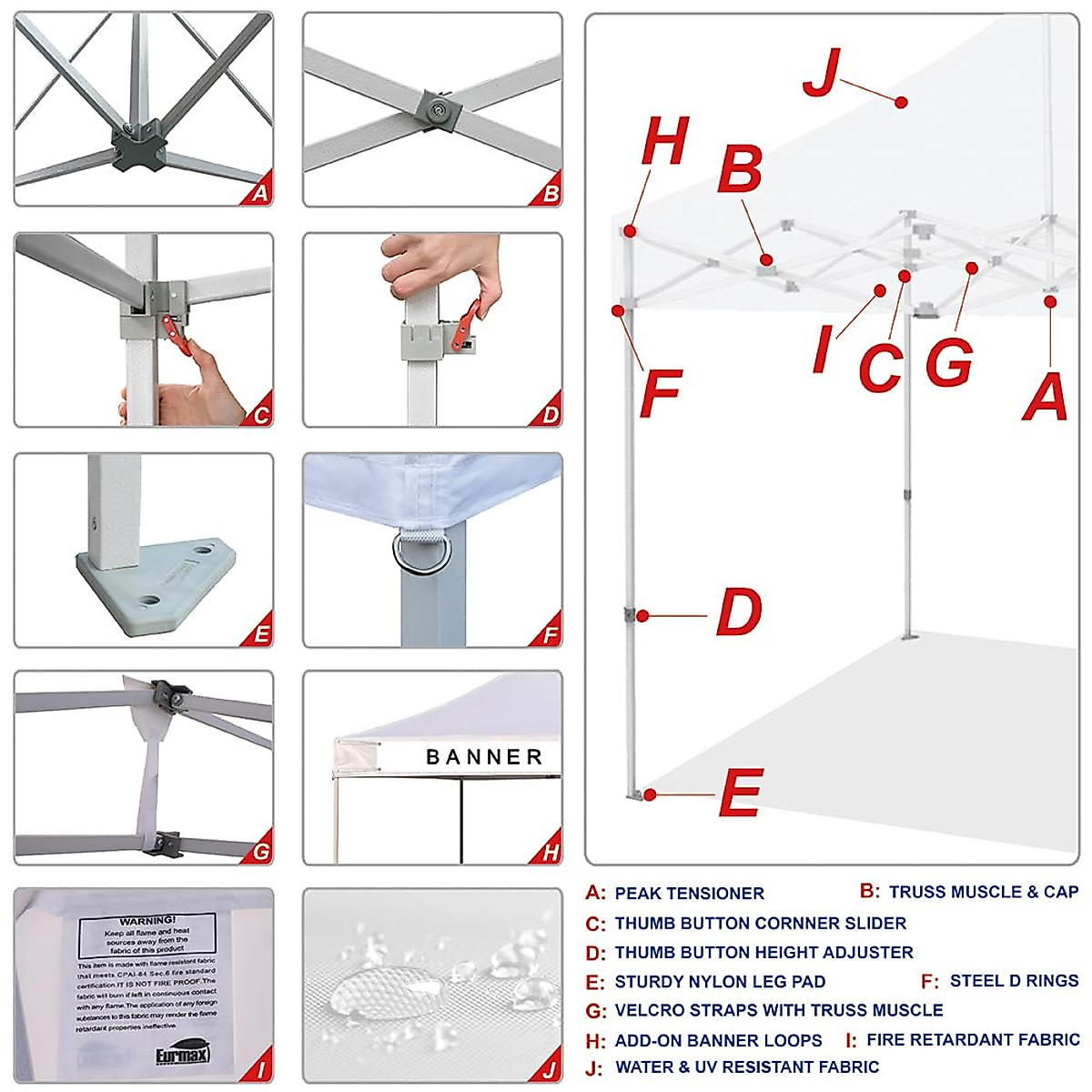 Eurmax USA 10 x 10 Pop up Canopy Pergolas Tent Outdoor Party Canopies with 4 Removable Zippered Sidewalls and Roller Bag Bonus 4 Canopy Sand Bags & 24 Squre Ft Extended Awning(Blue)