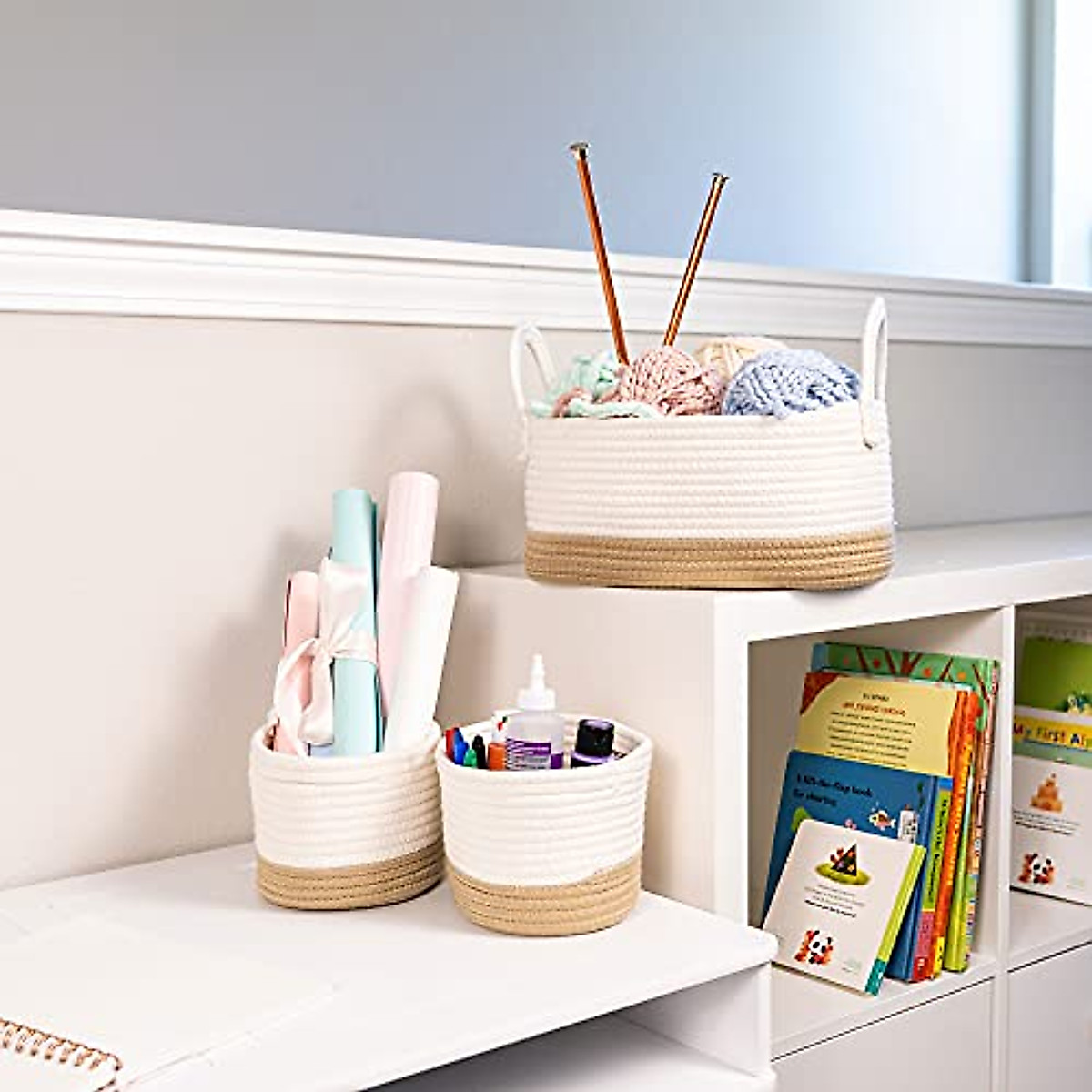 OrganiHaus Woven Storage Baskets for Shelves | Toy Storage Basket | Small Rope Basket for Storage | Woven Basket for Baby Clothes | Set of 3 Round Soft Baskets for Toys | Baby Changing Basket - Honey