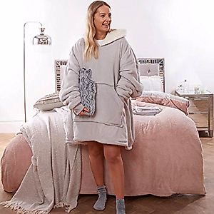 Sienna Wearable Sherpa Hoodie Blanket with Ultra Soft Fleece Lining Warm Cozy Oversized Sweatshirt Throw for Adults, One Size Fits All - Silver Grey
