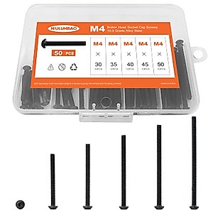 NIULUNBAO M4 x 30mm 35mm 40mm 45mm 50mm Button Head Socket Cap Screws Bolts, 10.9 Grade Alloy Steel Metric, Black Oxide Finish, Allen Hex Drive, Machine Fully Threaded, Assortment Kit 50PCS