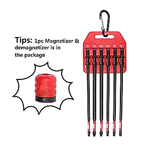 Protorq Long Impact Bit Set, PH2 SQ2 T25, 6-Inch Length, 6-Piece with 1-Piece Magnetizer & demagnetizer