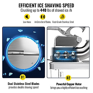 VEVOR 110V Commercial Ice Crusher 440LBS/H, ETL Approved 300W Electric Snow Cone Machine with Dual Blades, Stainless Steel Shaved Ice Machine with Safety On/Off Switch for Family, Restaurants, Bars