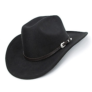 Classic-Women-Men-Western-Cowboy-Hat-Cowgirl-Hat-Wide-Brim-Outdoor-Fedora-Hat with Buckle-Belt Black