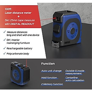 KOISS K4TM 3-in-1 Digital Measuring Tape with Laser, 130FT Laser Measurement Tool, 16FT Tape Measure, Real Time Digital Screen with Backlight, 3 Memory Functions, Rechargeable Battery