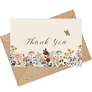 ChicRosa 24 Pack Wildflower Thank You Cards Bulk Vintage Flower Greeting Cards with Kraft Envelope Sticker Retro Floral Blank Note Cards for Birthday Wedding Baby Shower Bridal Shower, 4 x 6 Inch