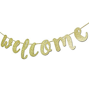 Welcome Gold Glitter Hanging Sign Banner- First Day of School, Classroom, Wedding, House, Home Decor (Gold)