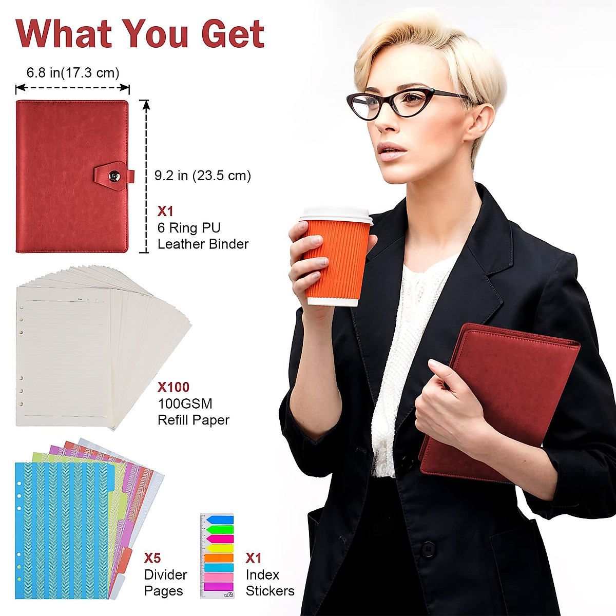 A5 Binder Journal, Refillable 6 Ring Organizer Planner Leather Business Writing Notebook, Ruled Hardcover Diary Notebook with Divider page and Index stickers-Red