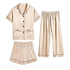 SWOMOG Kids Satin Pajamas Set 3Pcs Girls Boy Silk Pjs Set with 2 Pockets Short Sleeve Cute Button Down Sleepwear 4T-13T Champagne