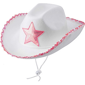 White Cowgirl Hat - (pack Of 2) Adult Size Pink Star Cowboy Hats For Women With Sequin Trim Fringe, Adjustable Neck Drawstring, White Cowboy Hat For Costume Party, Play Dress-up Fits Most Women