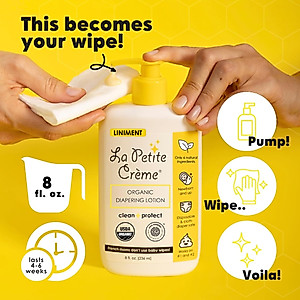 La Petite Creme French Premium Diapering Lotion - Diaper Cream Alternative to Baby Wipes - Gentle Moisturizer & Skin Cleanser with USDA Certified Organic Ingredients - Baby Essentials (8 oz)