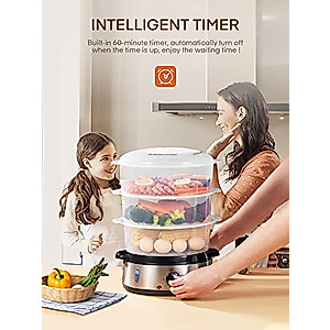 FOHERE Electric Food Steamer for Cooking, Vegetable Steamer 800W Fast Heating with 3 Tiers BPA-Free Nested Basket Trays and Auto Shut-off 60-min Timer, Rice Bowl Included, 9.5QT