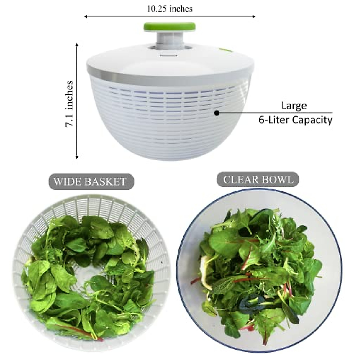 Brieftons 6.2-Quart Large Salad Spinner: Vegetable Washer Dryer Drainer Strainer with Bowl & Colander, Easy One-Handed Pump, Compact Storage, for Washing, Cleaning & Drying Greens, Vegetables, Fruits