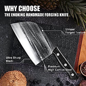 ENOKING HandForged Meat Cleaver Knife Heavy Duty, 6.7 inches Full Tang Sharp Serbian Chef Knife, High Carbon Steel Cutting Knife with Leather Sheath for Kitchen Camping BBQ