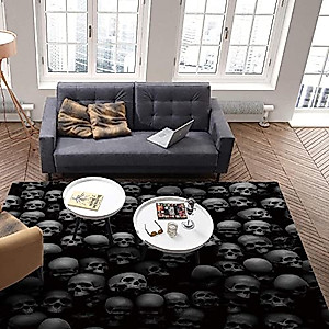 Black Horror Skull Head Area Carpet, Halloween Mysterious Abstract Decorative Rug, Printed Rugs Upholstery Rug with Non-Slip Backing for Living Room Bedroom Dining Room Office6 x 8ft