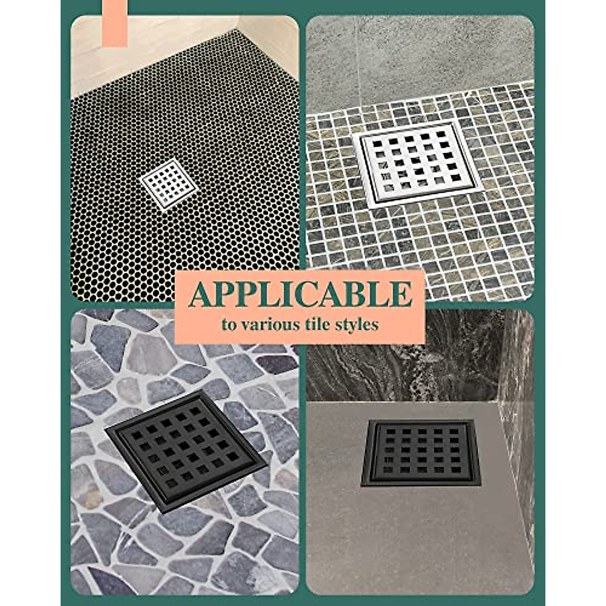 KUZOR Square Shower Drain 4 inch, Brushed Nickel 2 Pack Floor Drains for Shower with Flange and Hair Strainer, Brushed 304 Stainless Steel Quadrato Pattern Grate Removable, Fast 6.5 GPM Drainage