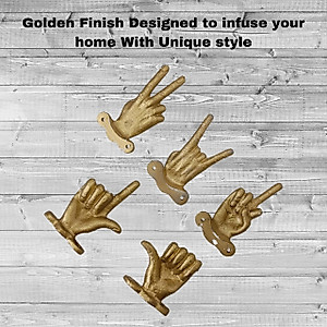 AYZCORP Set of 5 Hand Gesture Decorative Wall Hooks, 4 Inches High-Peace Sign-Rock On-Fun Finger-Thumbs up & Pointing Finger Gestures. Unique Stylish Key or Towel Hangers (Gold)
