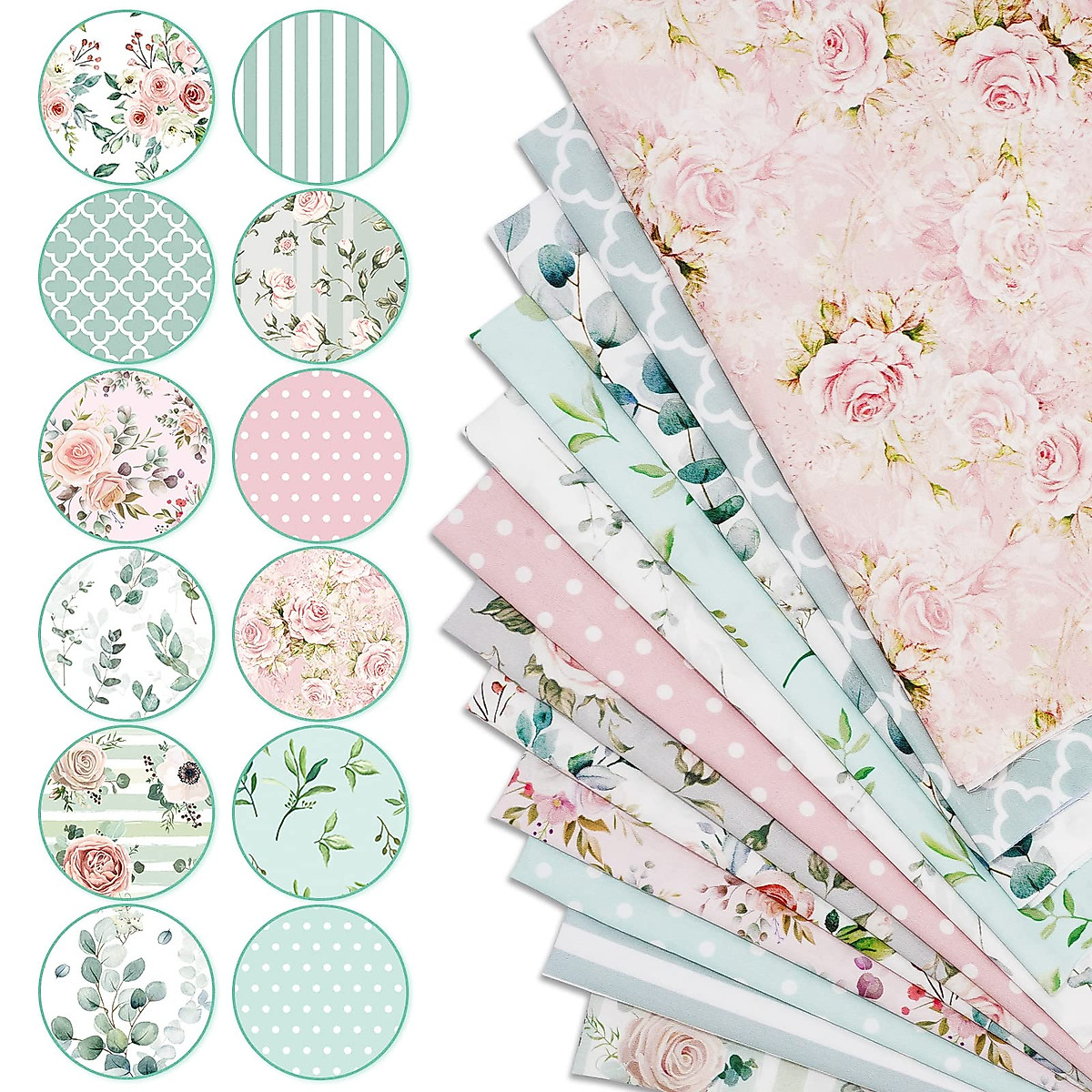 Whaline 12Pcs Spring Cotton Fabric Bundles 18 x 22 Inch Floral Greenery Printed Fat Quarters Pink Green Retro Quilting Patchwork Squares Sewing Fabrics for DIY Handmade Crafting Home Party Decor