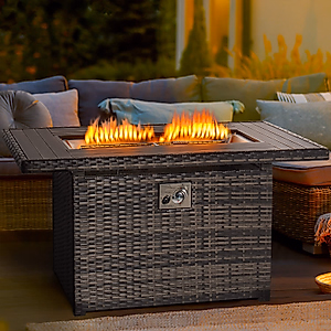 Aoxun Propane Fire Pit Table, 44 in CSA Propane Fire Table Rectangular, 50,000 BTU Auto Ignition Gas Fire Pit for Outside Patio Deck, Oxford Cover, Grey Wicker