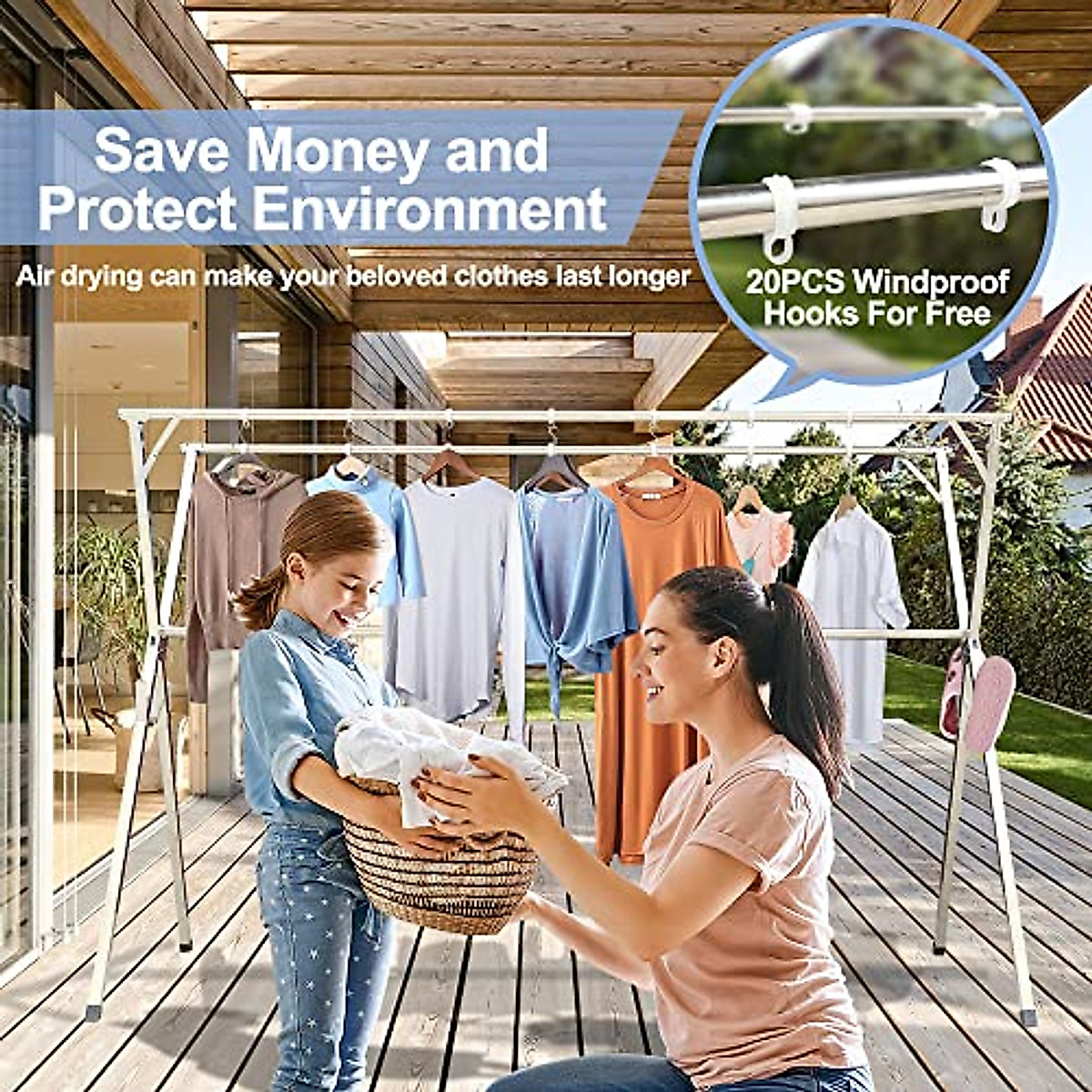 MRCTVG Upgrade 79 Inches Clothes Drying Rack, Premium Stainless Steel Adjustable and Foldable Laundry Drying Rack for Indoor Outdoor, with 20 Windproof Hooks