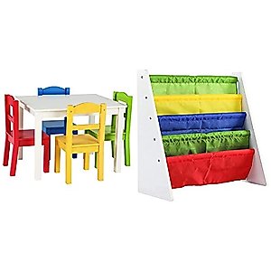 Humble Crew, White/Primary Kids Wood Table and 4 Chairs Set &, White/Primary Kids Book Rack Storage Bookshelf-4 Tiers