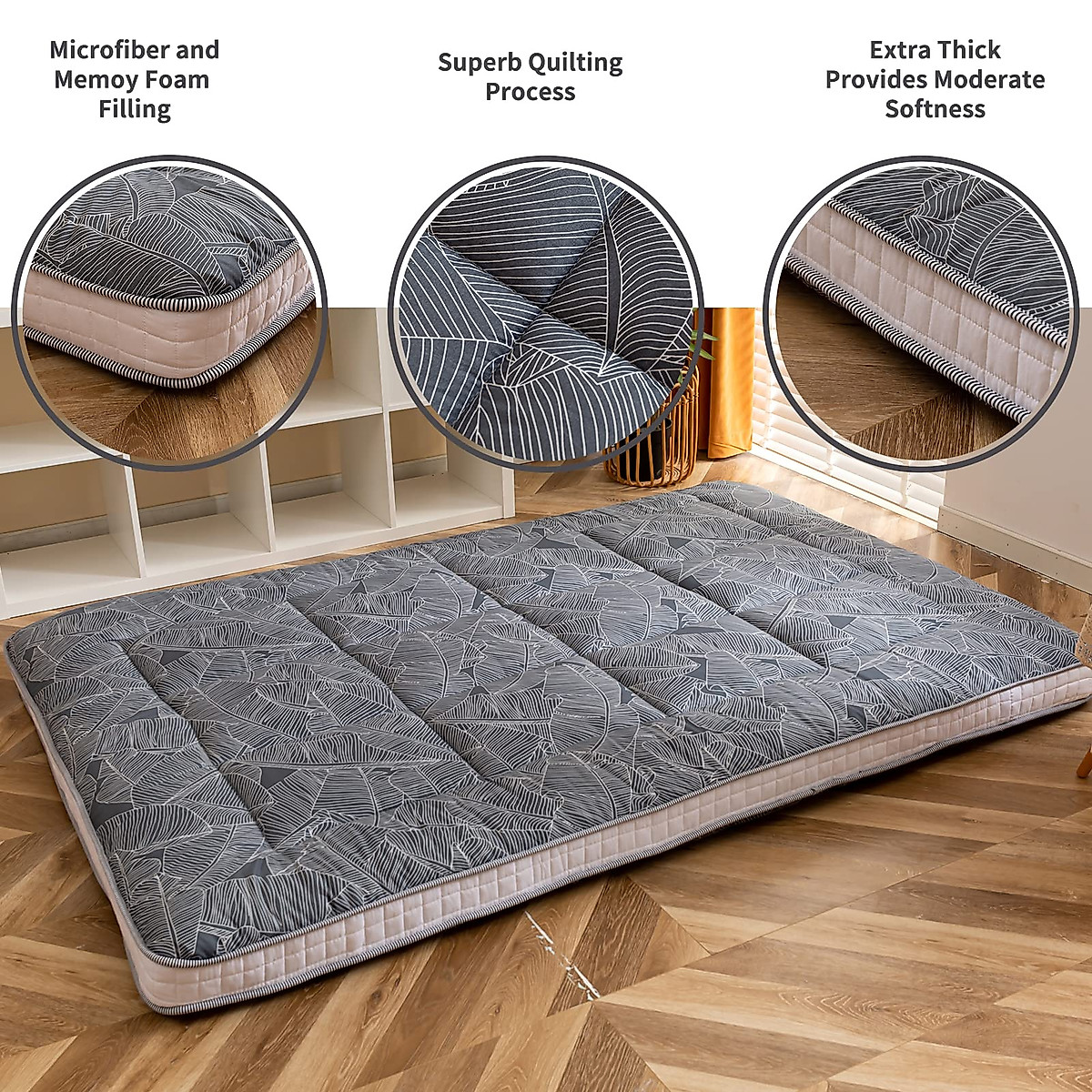 Extra Thick Futon Floor Mattress, Padded Japanese Folding Roll Up Mattress Sleeping Pad, Foldable Camping Portable Mattress Shikibuton, Bed Mattress Topper, Floor Lounger Guest Bed for Couch Car