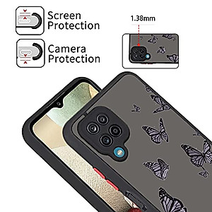 KANGHAR Designed for Samsung Galaxy A12 Black Butterfly Case for Women Girls with Screen Protector Protective Translucent Matte Soft TPU Bumper Pattern Design Hard PC Back