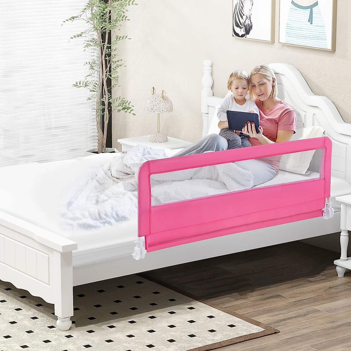 Costzon Bed Rail for Toddlers, 2 PCS Extra Long Swing Down Safety Bed Guards w/Straps for Convertible Crib, Kids Twin, Double, Full Size, Queen & King Bed, Folding Bed Rails for Baby (59-Inch, Pink)