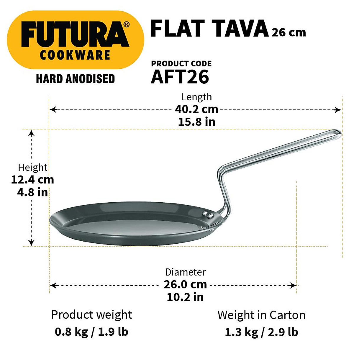 Futura Hard Anodised Flat Tava Griddle, 10-Inch, 4.88mm with Steel Handle, Black
