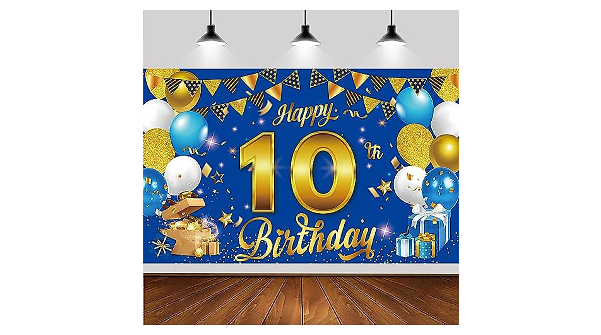 6x3.6FT Blue Gold Birthday Backdrop for 10th Celebration