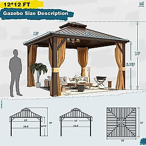 MELLCOM 12'x12' Hardtop Gazebo, Galvanized Steel Metal Double Roof Aluminum Gazebo with Curtain and Netting, Permanent Pavilion Gazebo for Patio, Lawn and Garden