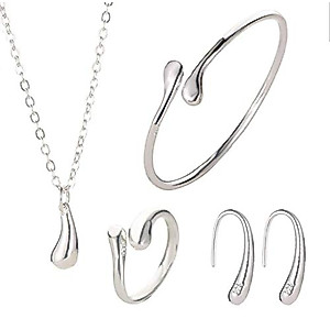 4PCS 925 Sterling Silver Jewelry Set for Women Teardrop Pendant Necklace Earrings Bracelet Ring Fit with Party Meeting Dating Wedding Daily Birthday Gift