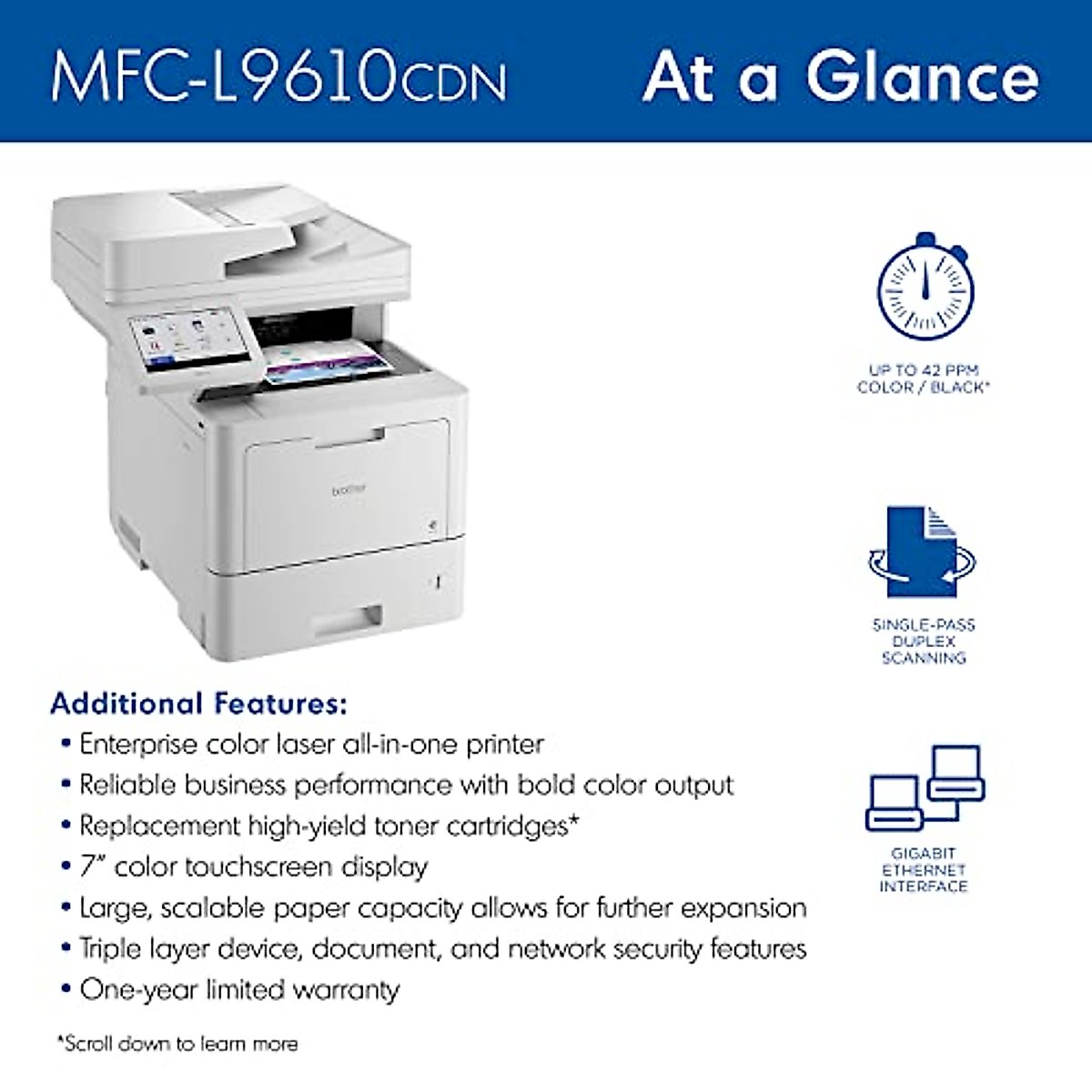 Brother MFC‐L9610CDN Enterprise Color Laser All‐in‐One Printer with Fast Printing, Large Paper Capacity, and Advanced Security Features