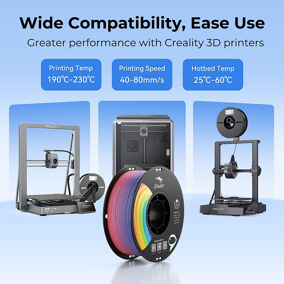Creality 3D Printer Filament 1.75mm, Rainbow Upgrade PLA+ Filament Strong Toughness No-Tangling Vacuum Packaging 3D Printing Filament Fit Most 3D Printers, 1kg Spool, Accuracy +/- 0.02mm, Multi-Color