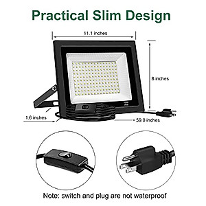 GLORIOUS-LITE 2 Pack 100W LED Flood Light Outdoor, 10000LM LED Work Light with Plug, 6000K Daylight White, IP66 Waterproof Outdoor Floodlights for Yard, Garden, Playground