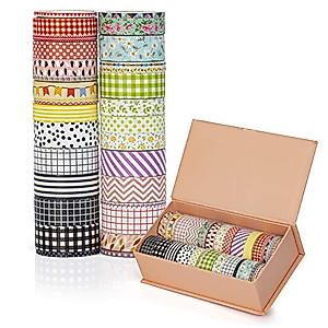 Washi Tape Set Gift Box, 30 Rolls 3 Sizes 15mm 10mm and 3mm Arts and Crafts, Decorative Masking Craft Cute Tape, Great Scrapbooking Tape Set, DIY Bullet Journal, Planner Washy Tape
