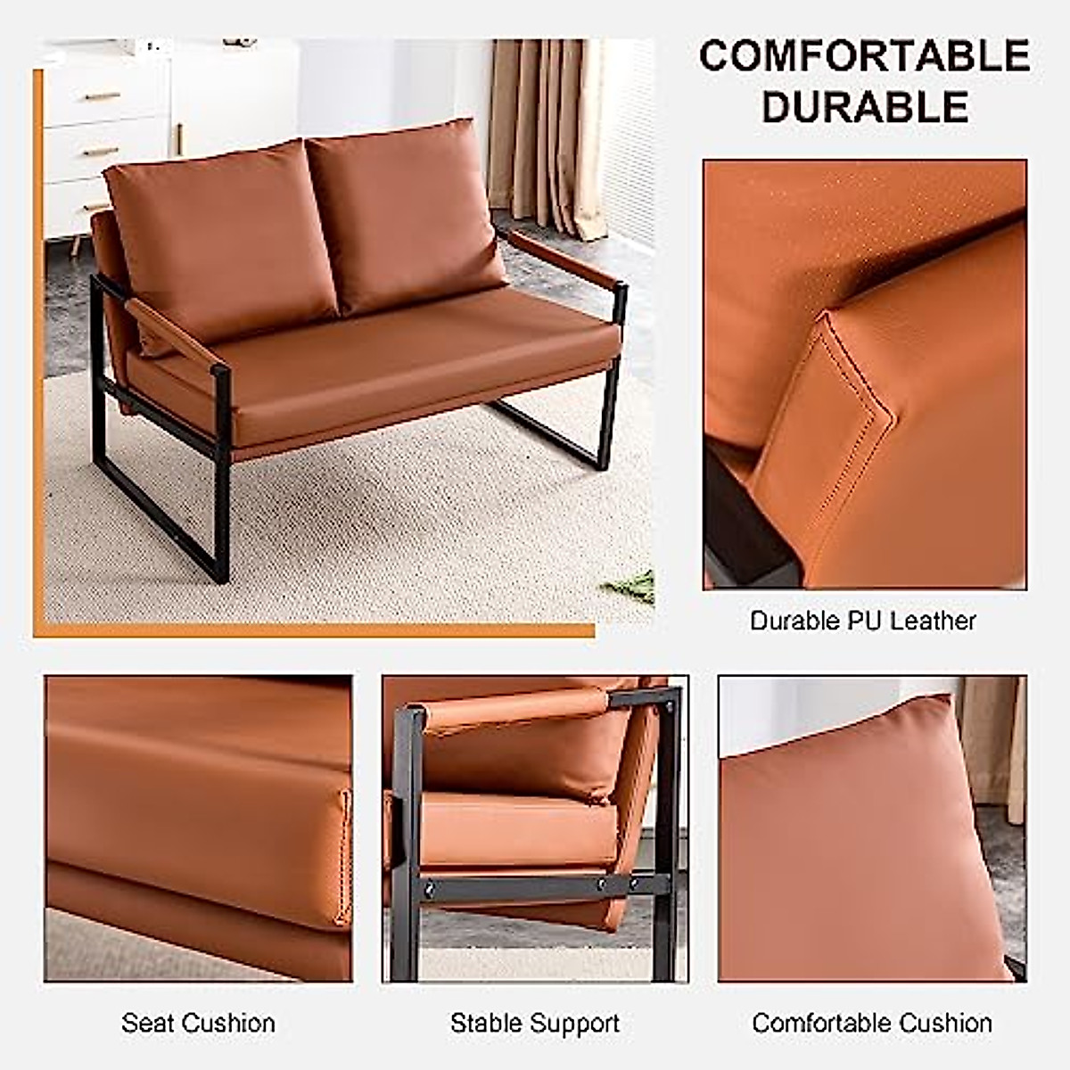 Sofa Couch, Modern Design Linen Loveseat Sofa Upholstered Small 2-Seater Couch with Pillows for Living Room