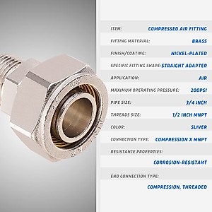 ANCIMOON 3/4’’ Straight Air Piping Fittings, 3/4’’ x 1/2’’ Male NPT Threads Adapter Fittings, Seal Taped Needed, Brass-Nickel Plated, 2PCS For Shop Compressed Air Line System