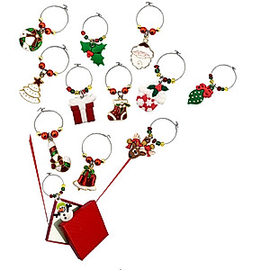 FunIdea 12 Piece Holiday Themed Christmas Wine Glass Charms, Wine Tasting Party Decoration Supplies Gift Box Set (Golden)