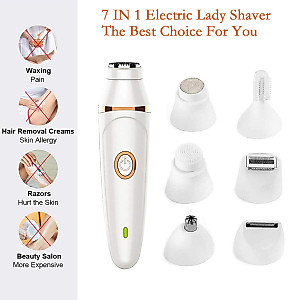 Electric Razor for Women,7 in 1 Painless Lady Shaver Set,Rechargeable Cordless Facial Hair Removal,Bikini Trimmer,for Face,Eyebrow,Nose, Underarm, Arms, Legs