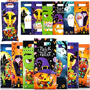 Pasimy 60 Pieces Halloween Treat Bags Plastic Halloween Candy Goodie Bags Bulk with Handle Witch Pumpkin Ghost Gift Bags for Halloween Trick or Treat Birthday Party Favor Supplies, 6 Design