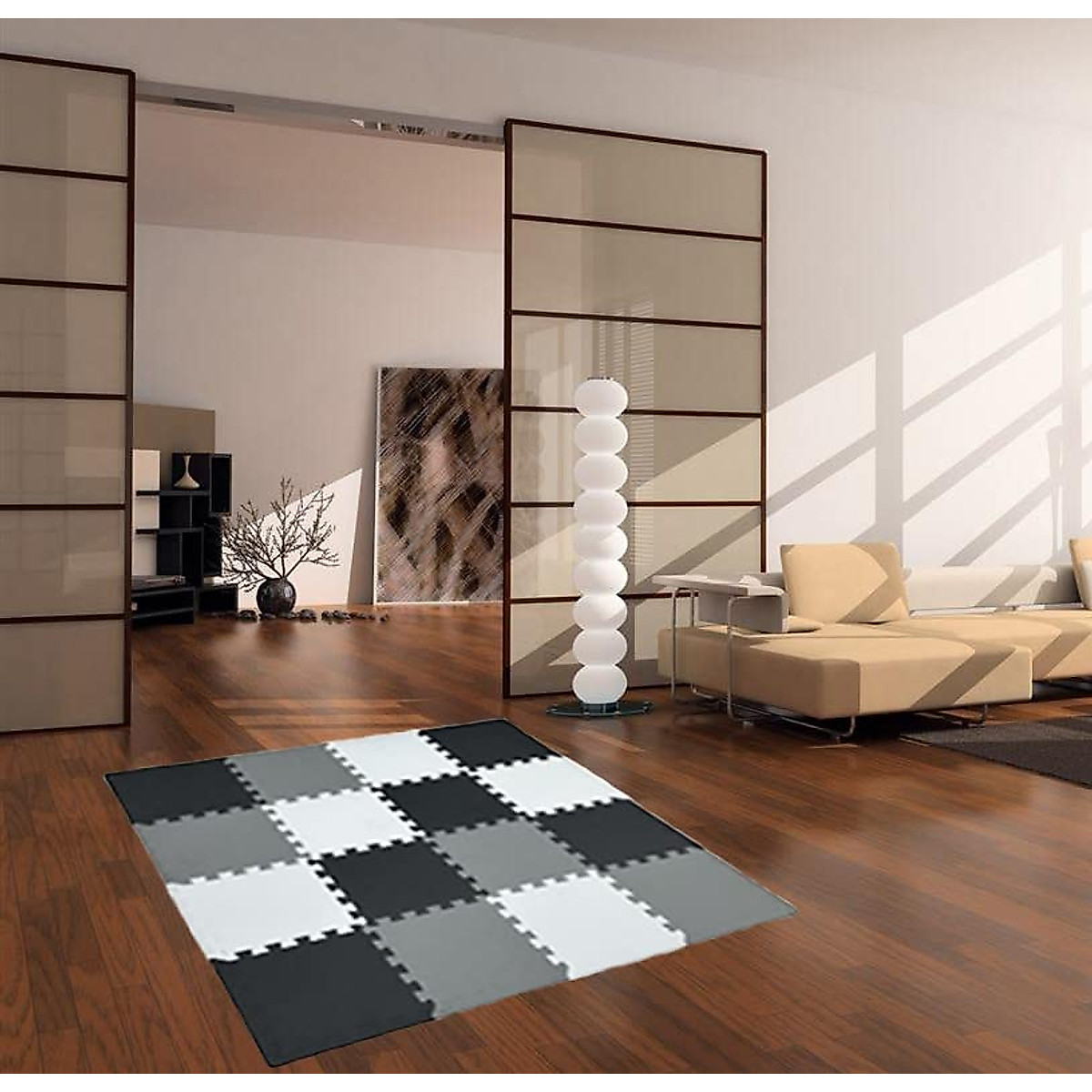 16 Pieces Foam Play Mat with Border, Interlocking Playmat Tiles, Foam Floor Mat Tiles for Kids, Puzzle Play Mat, Exercise Gym Mats – Color of Black & Grey & White