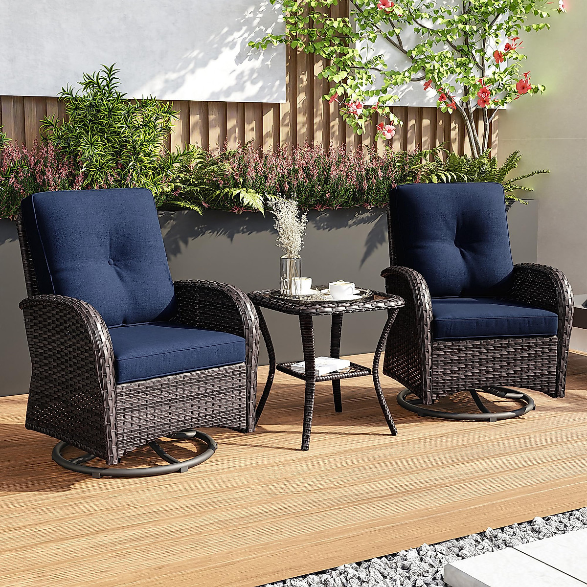 Joyside Patio Swivel Rocker Wicker Chairs - Outdoor Swivel Rocking Chairs Set of 2 with Wicker Side Table, Patio Swivel Rocker Chair 3 Piece Patio Furniture Sets for Porch Deck(Brown/Blue)