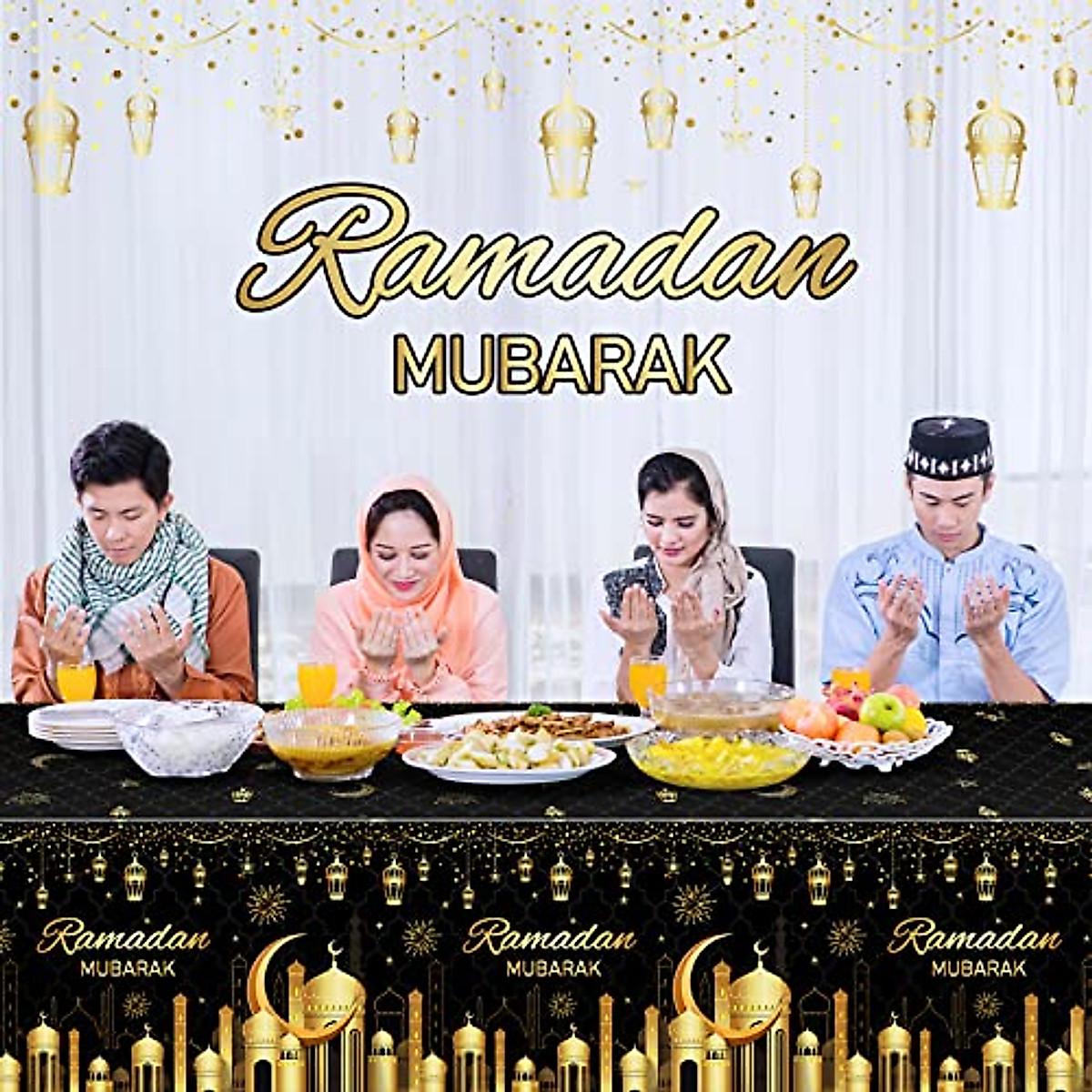 6 Pack Ramadan Plastic Tablecloth Decorations for Home, Eid Mubarak Ramadan Disposable Table Cover Decorations, Muslim Happiness Ramadan Eid Al-fitr Table Cloths for Ramadan Party Supplies, 54x108Inch