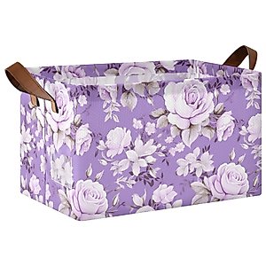 KUEJOP Flower Purple Rose Rectangle Storage Bin, Decorative Collapsible Organizer Storage Basket with Handles for Home