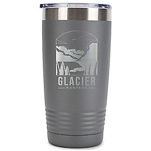 100 North, Polar Camel, United States National Parks, Dark Grey 20 Ounce, Stainless Steel, Vacuum Insulated Travel Tumbler Mug With Clear Lid, Glacier Montana