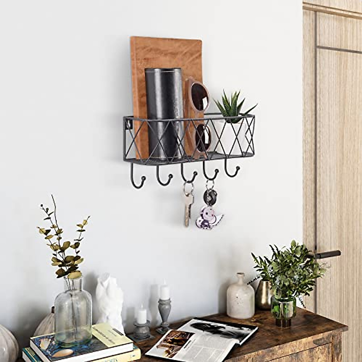 Snughome Entryway Mail Holder with Key Hooks for Wall, 11’’L Wall Mounted Matte Black Metal Wire Mesh Storage Basket with Holders for Organize Letters, Magazines, Keys, Leashes(Matte Black)